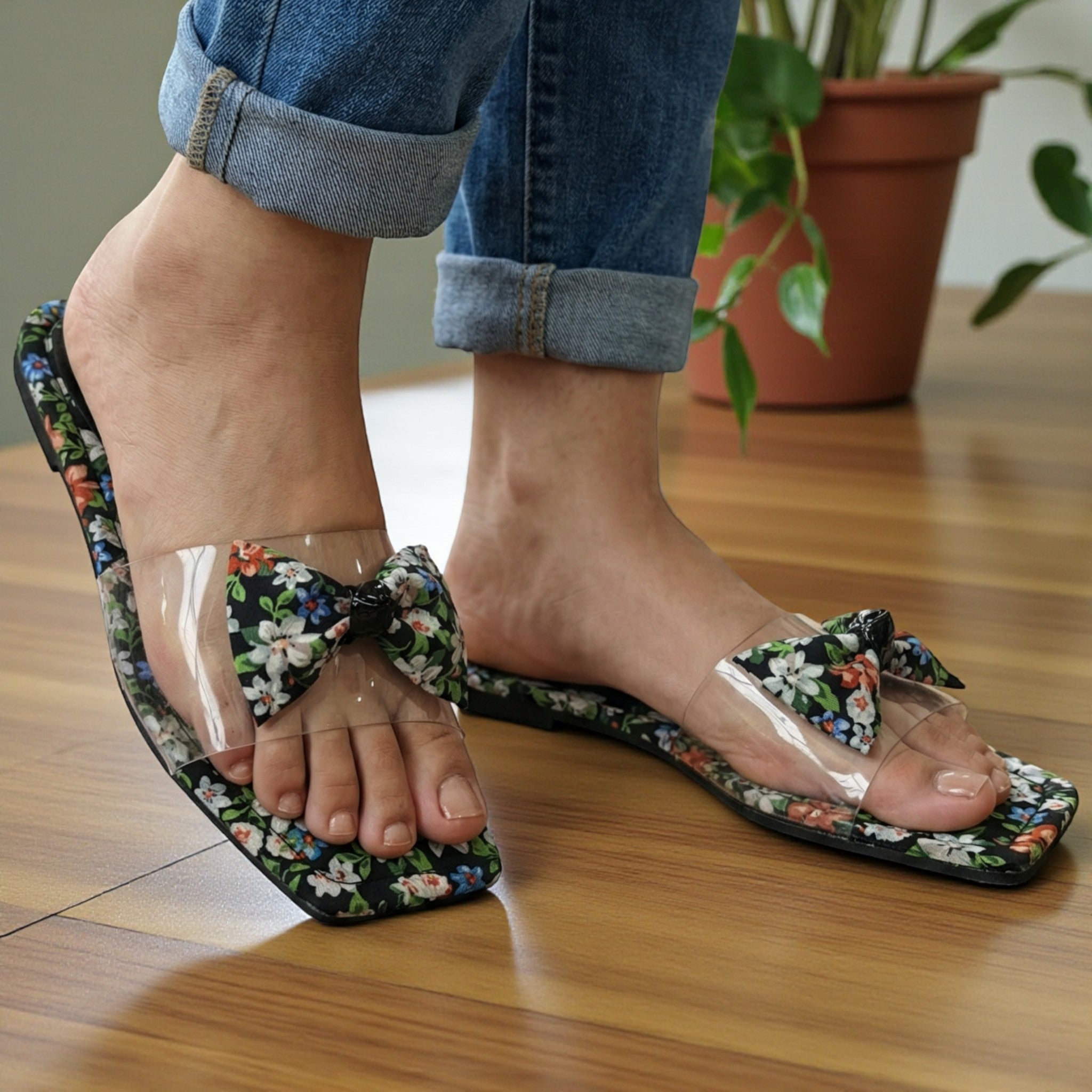 Clear Strap Floral Print Flat Slides - SFT|1750 – Foot Steps